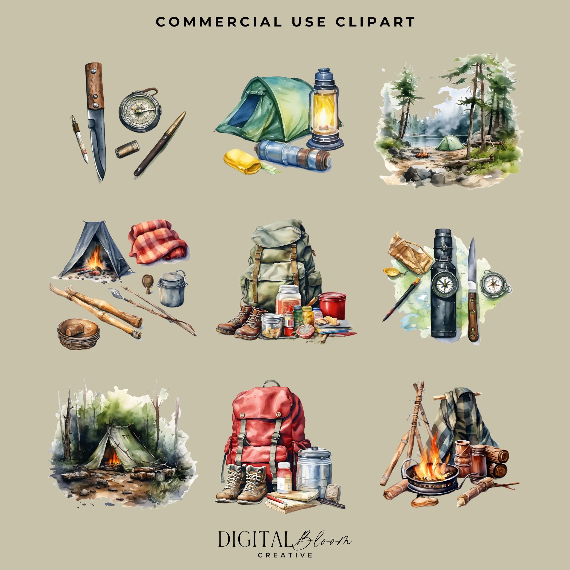 Survival Clipart, Watercolor Camping Equipment, Boy Scouts Clip Art PNG ...