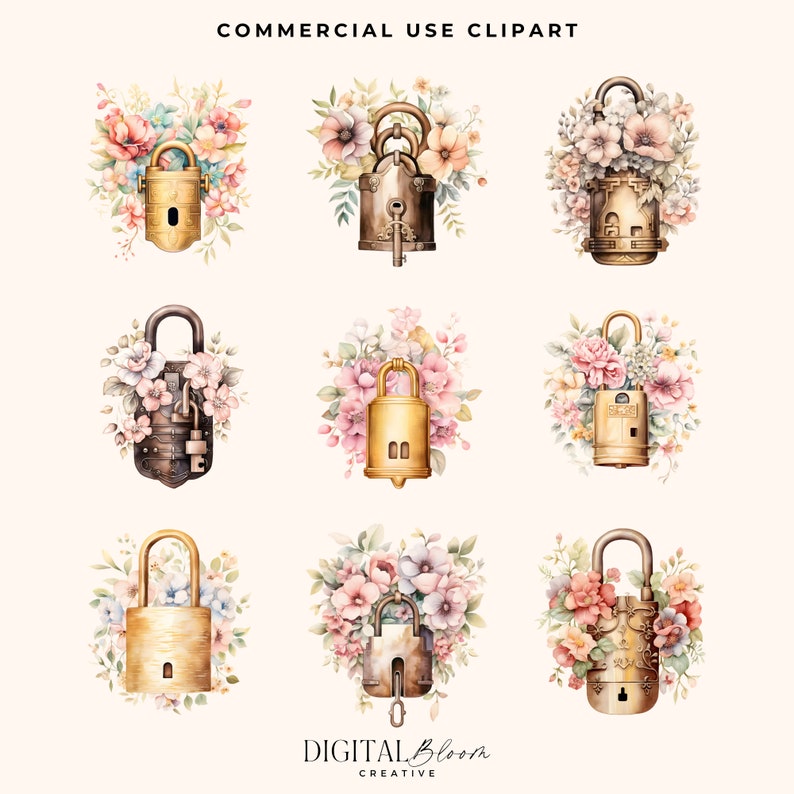 Floral Lock Clipart Watercolor Padlock With Flowers Vintage Locks ...