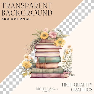 Boho Bookshelf Clipart Bookworm PNG Watercolor Reading Neutral Floral ...