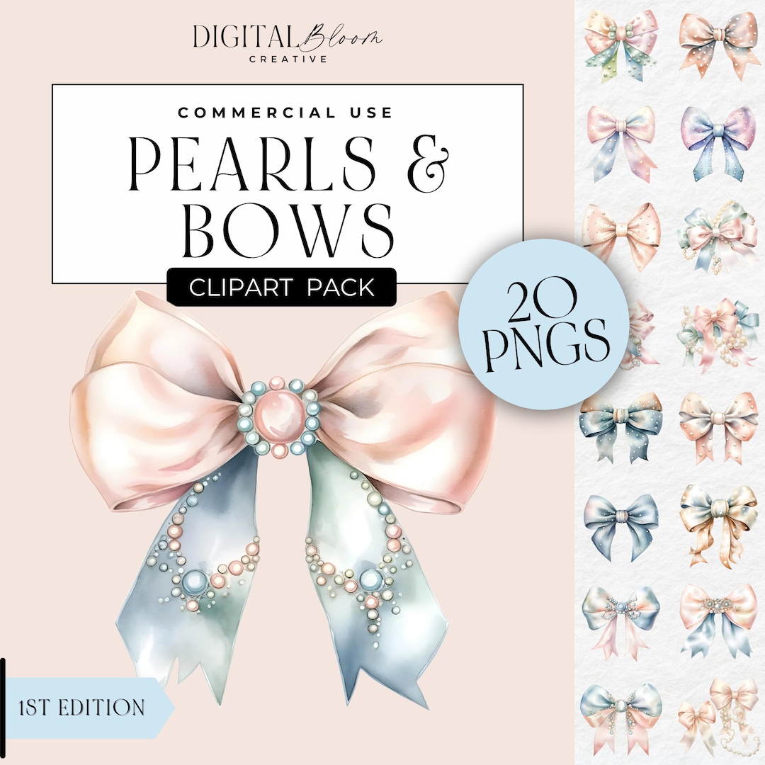 Pearls and Bows Clipart, Pink Bow PNG Graphics, Coquette Bows, Baby ...