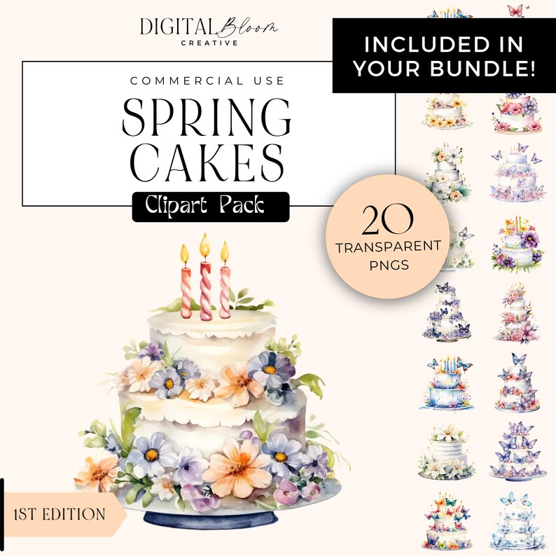 Cake Clipart Set, Watercolor Birthday Cake Bundle PNG, Instant Download ...