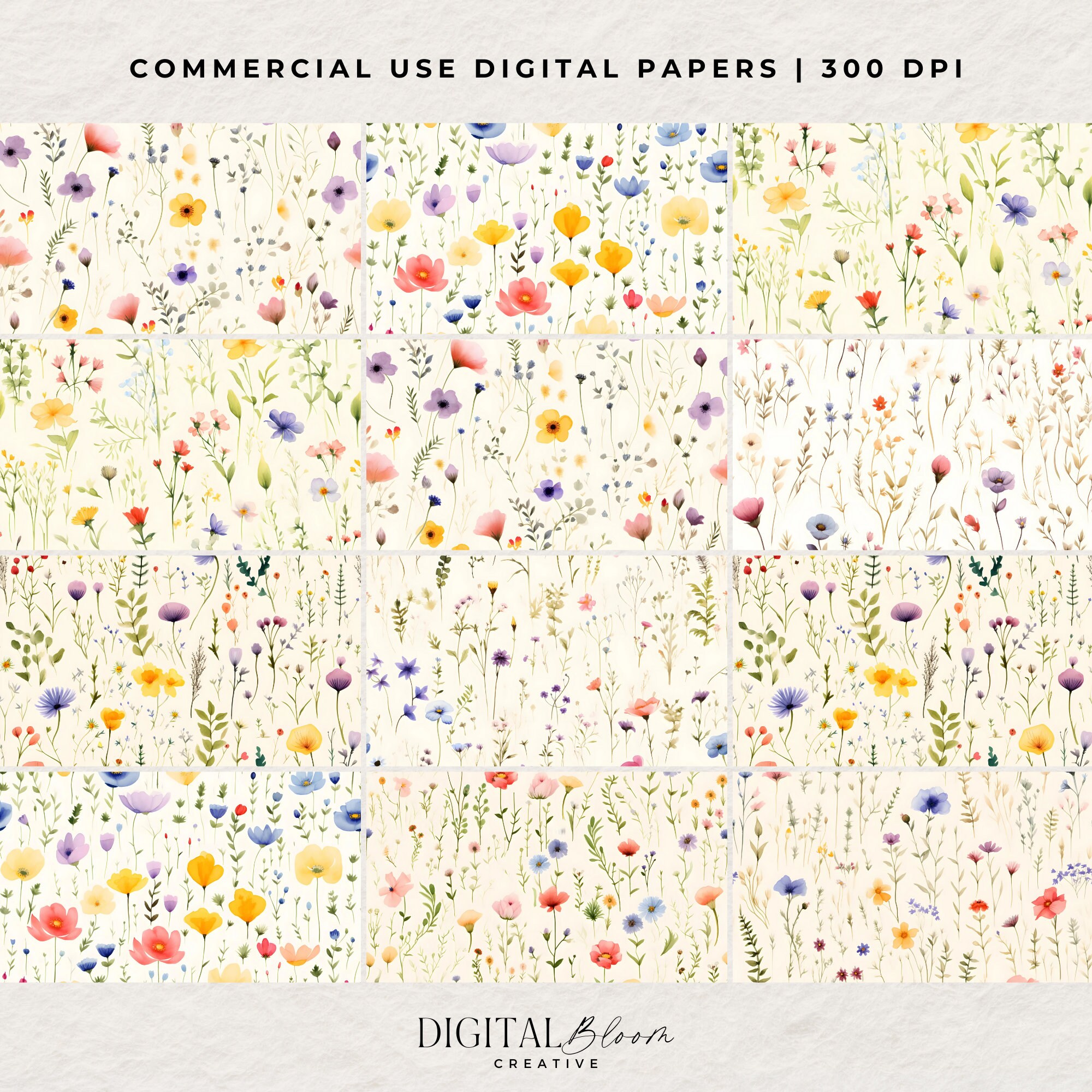 Wildflowers Seamless Digital Paper Organic Spring Summer Flowers ...