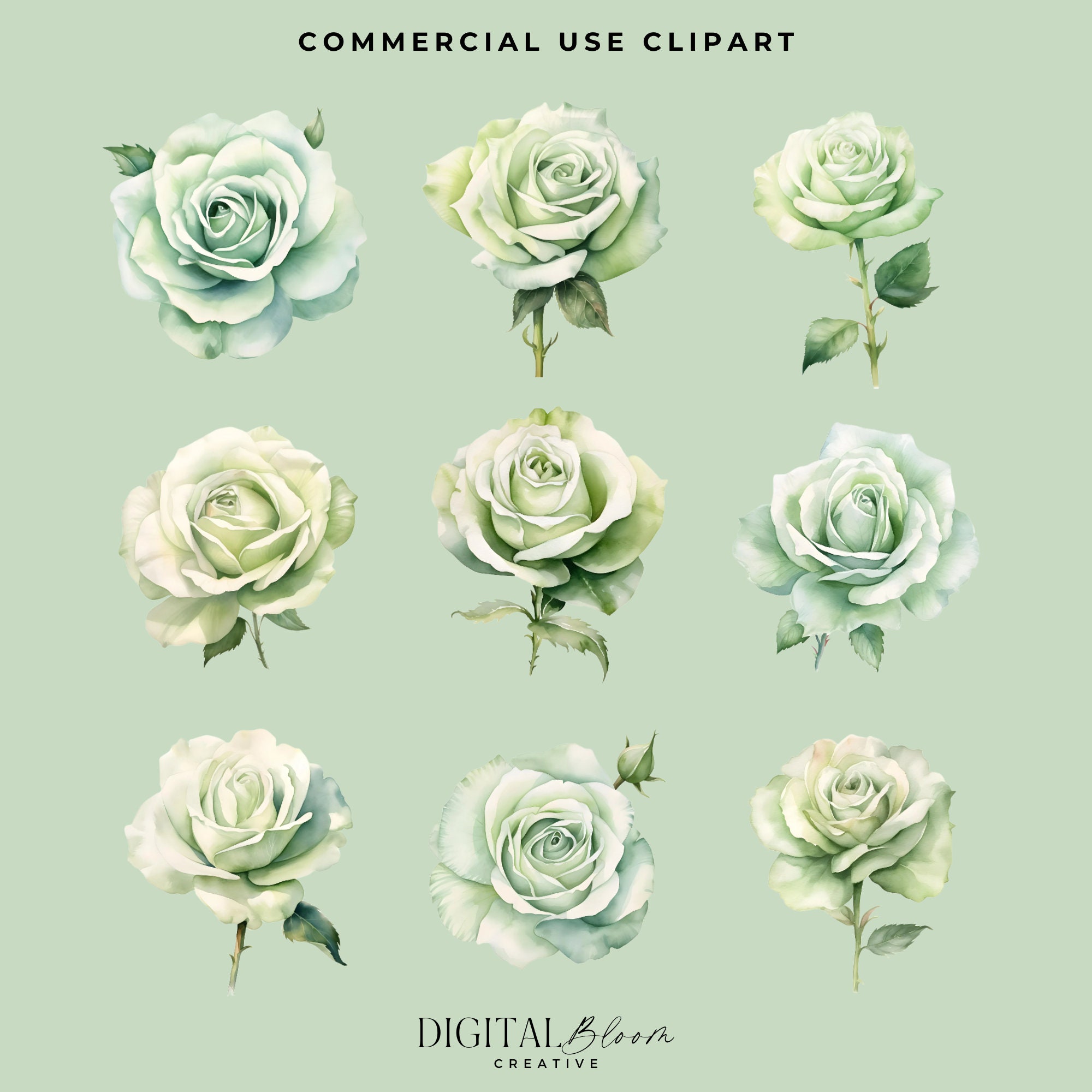 Pastel Green Rose Flower Clipart Floral Baby Shower Roses PNG Graphics ...