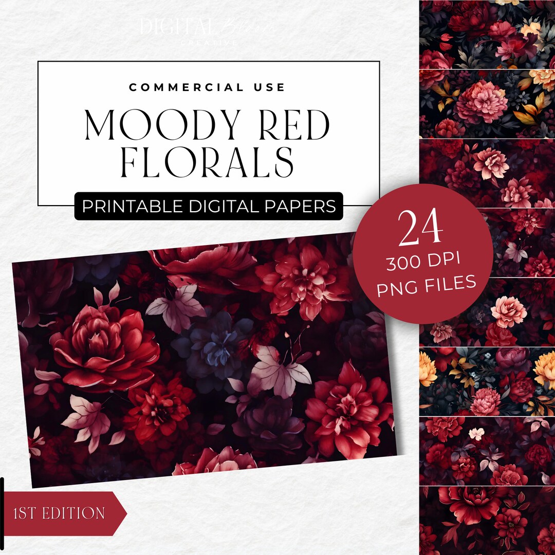Printable Dark Red Moody Floral Pattern Background Scrapbooking ...