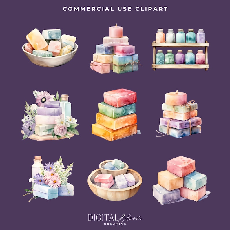 Handmade Soap Clipart Watercolor Bundle Bar of Herbal Fruit Soaps Spa ...