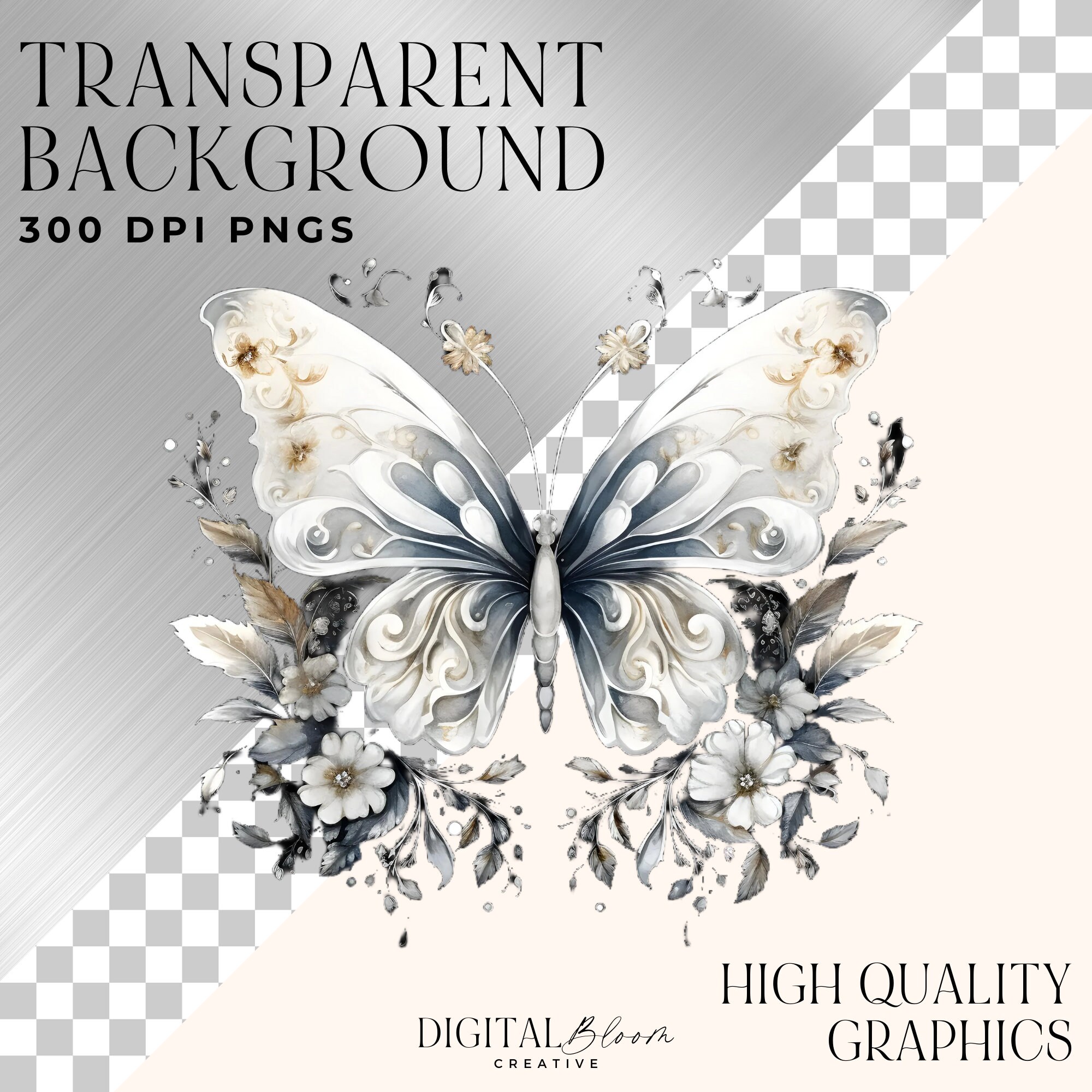 Silver Butterfly Clipart Watercolor Butterflies Graphics Transparent ...