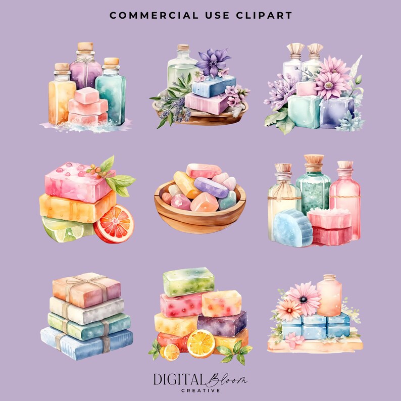 Handmade Soap Clipart Watercolor Bundle Bar of Herbal Fruit Soaps Spa ...