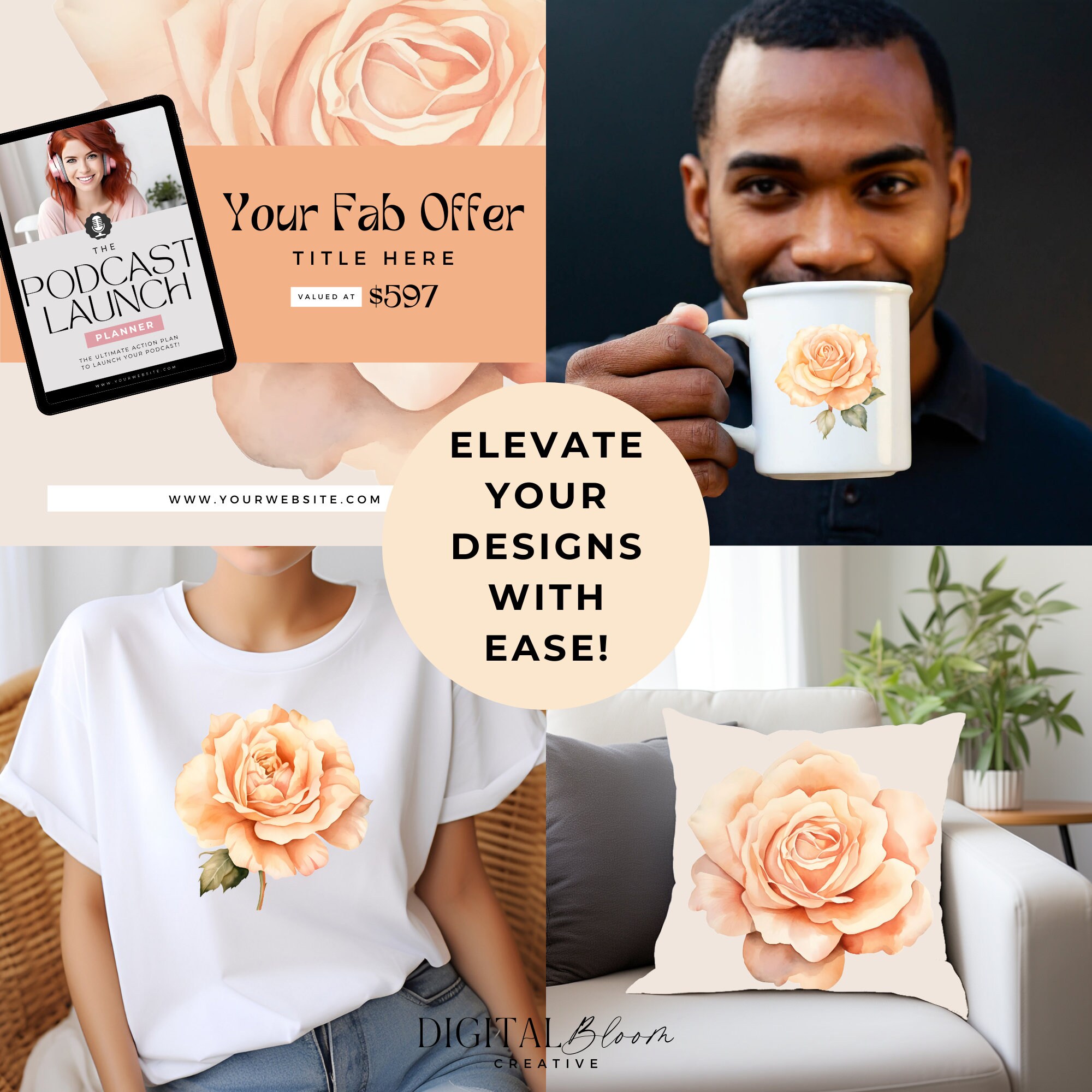 Pastel Peach Rose Flower Clipart Floral Baby Shower Roses PNG Graphics ...