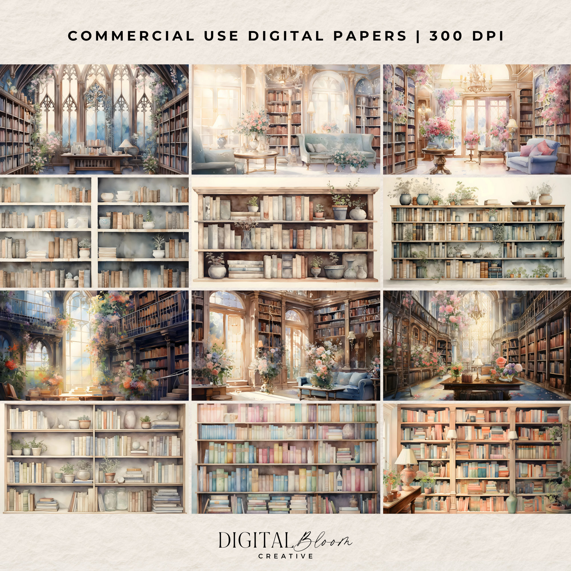 Library Scene, Digital Paper, Bookshelves Background, Books & Flowers ...