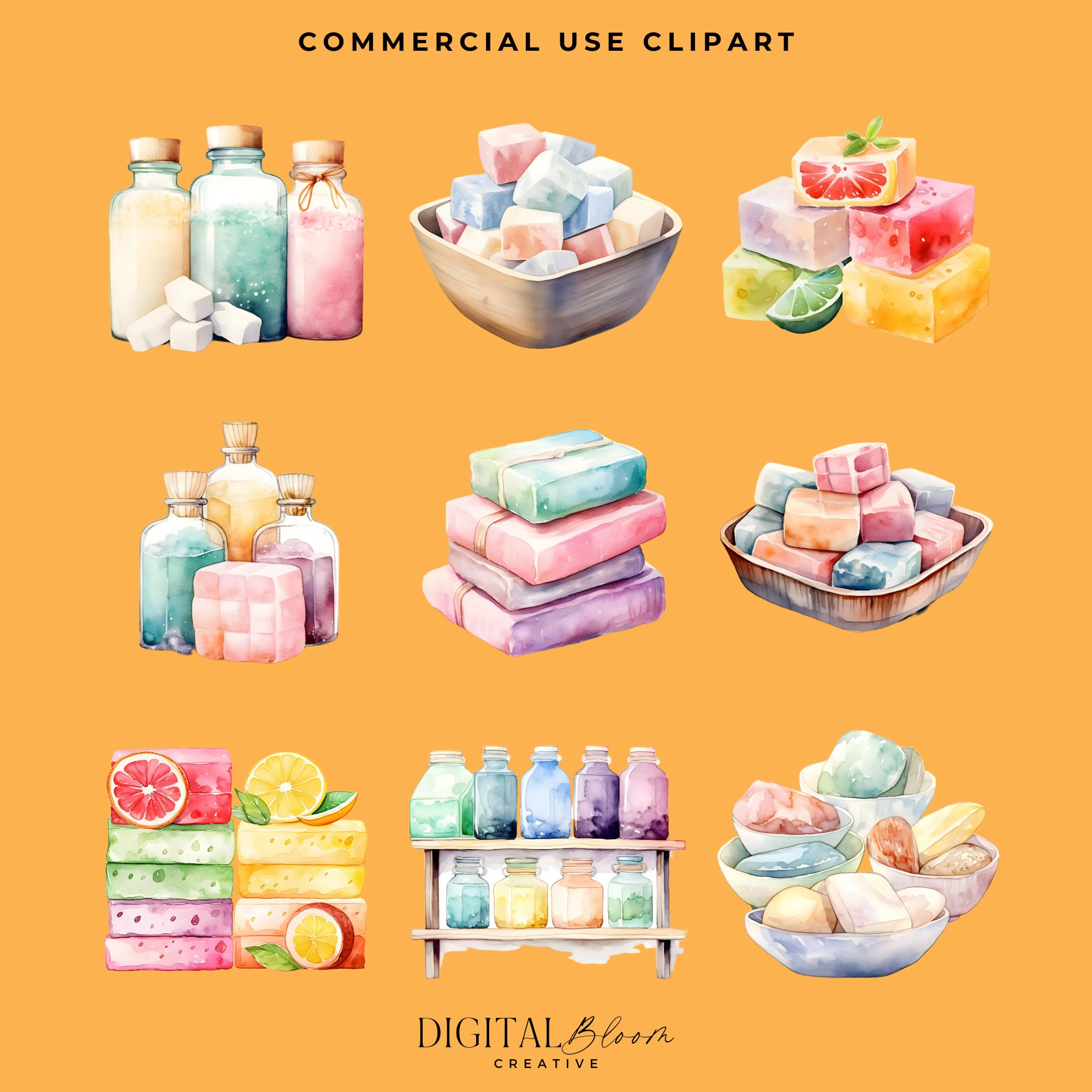 Handmade Soap Clipart Watercolor Bundle Bar of Herbal Fruit Soaps Spa ...