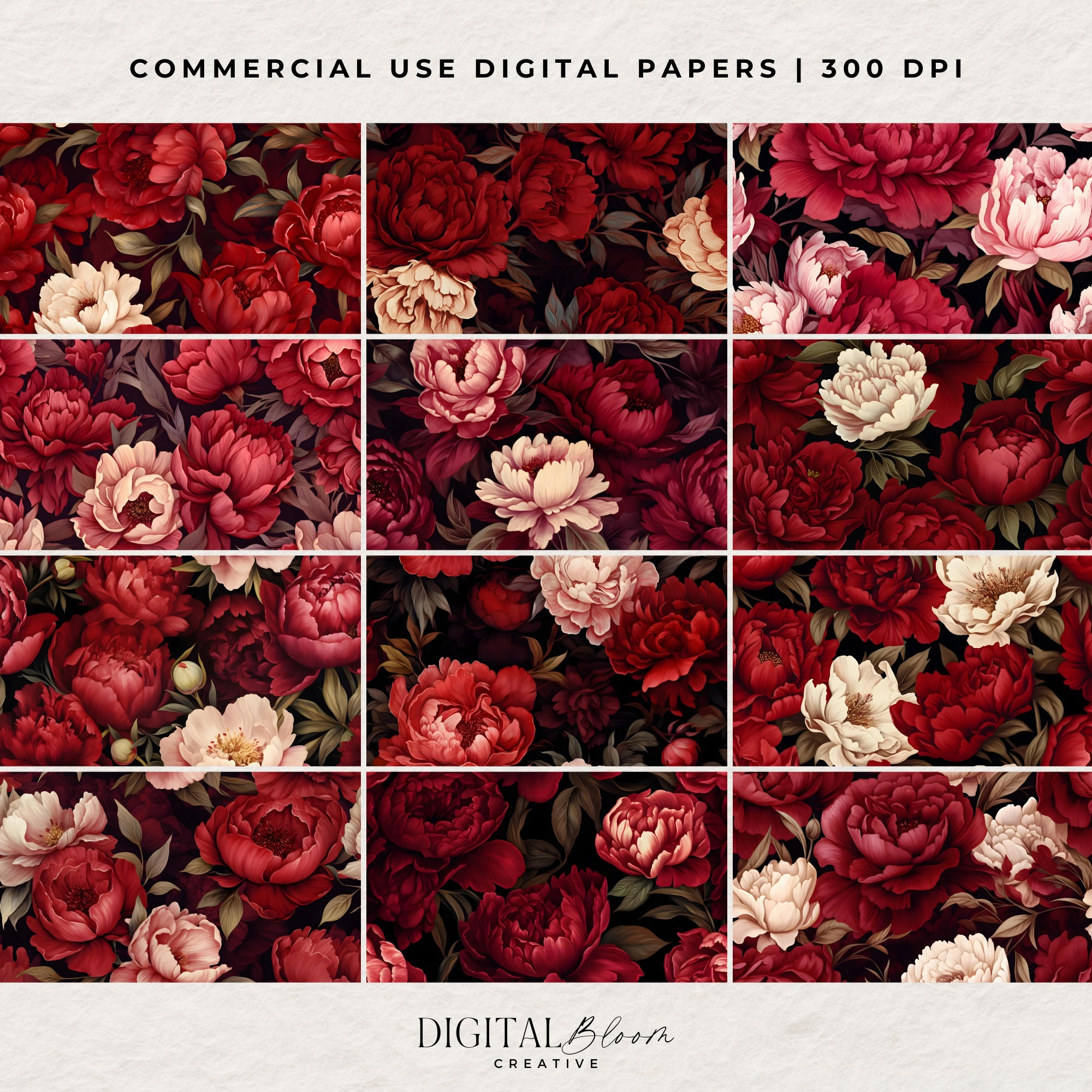 Dark Red Peony Digital Paper Bright Peonies Seamless Pattern Background ...
