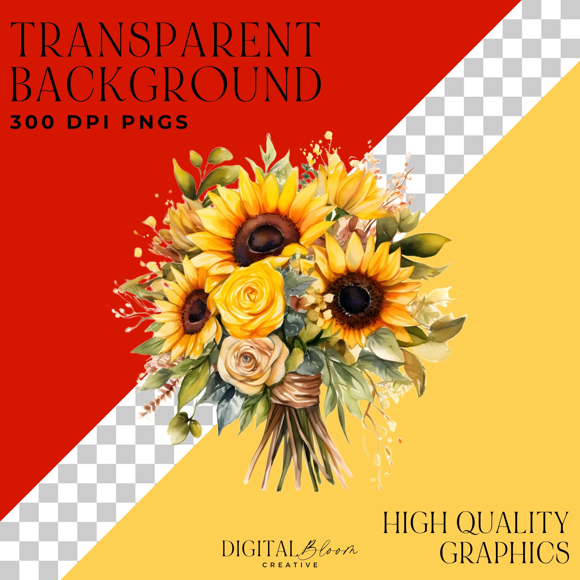 Sunflower and Rose Clipart Floral Bright Red Roses Yellow Sun Flowers ...