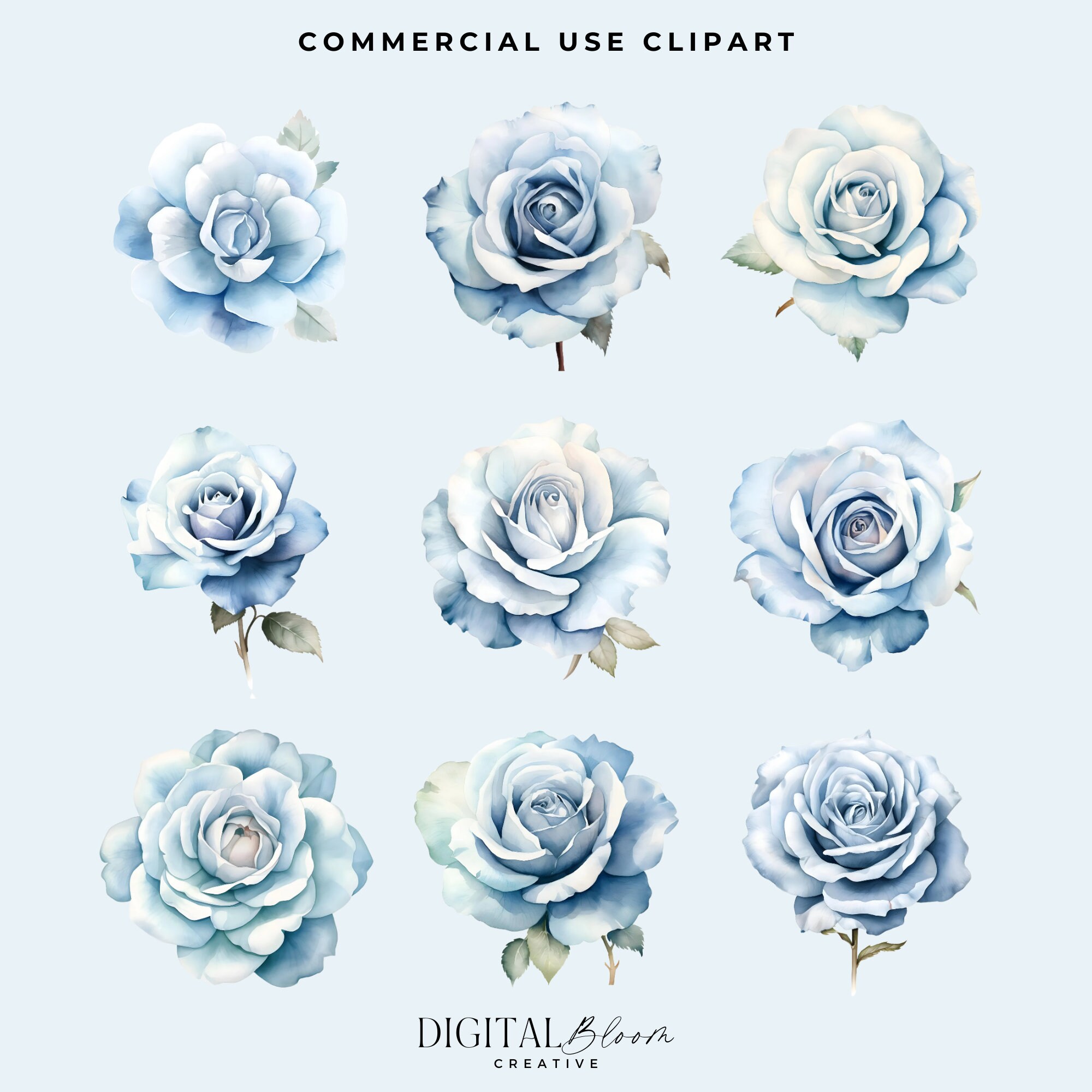 Pastel Blue Rose Flower Clipart Floral Baby Shower Roses PNG Graphics ...