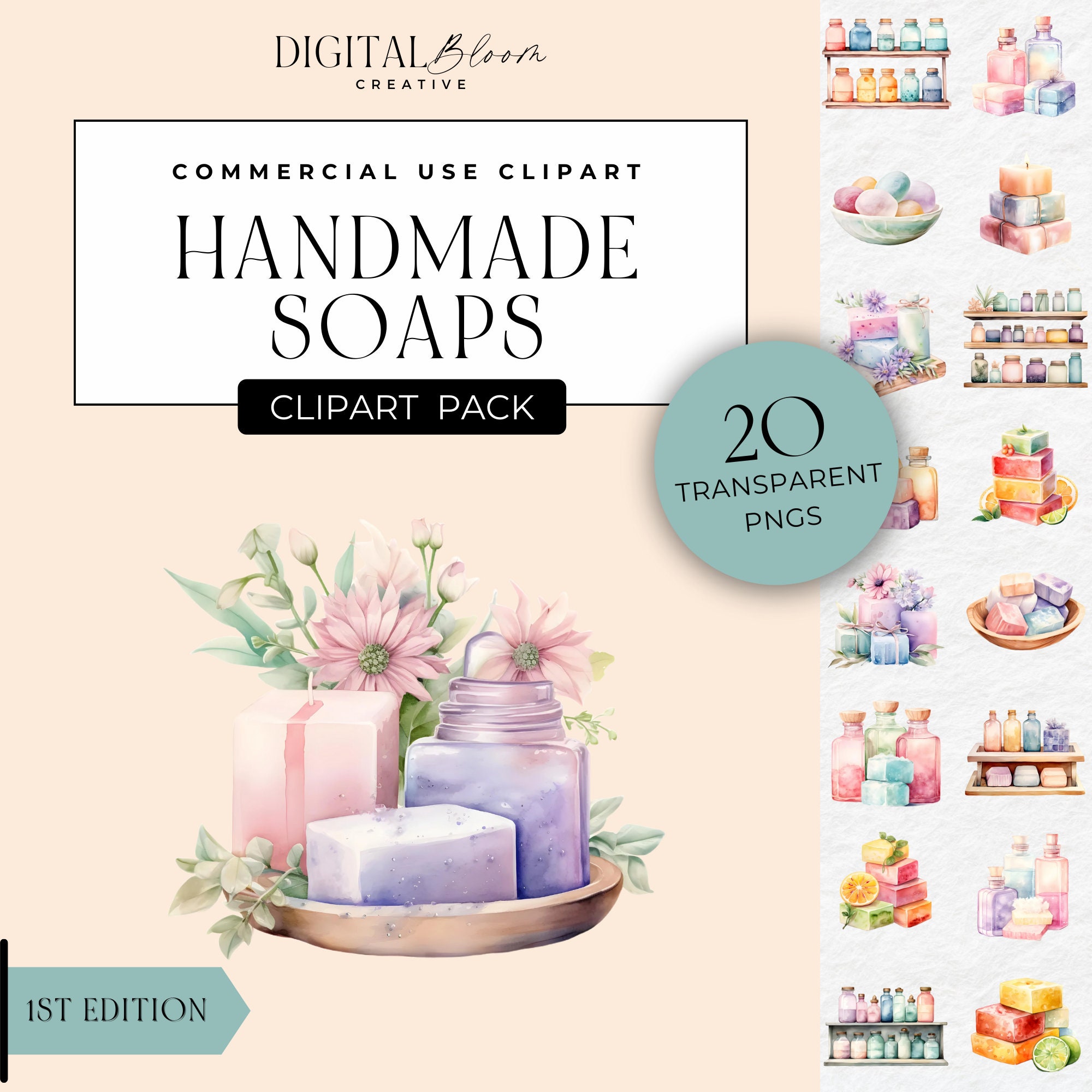 Handmade Soap Clipart Watercolor Bundle Bar of Herbal Fruit Soaps Spa ...