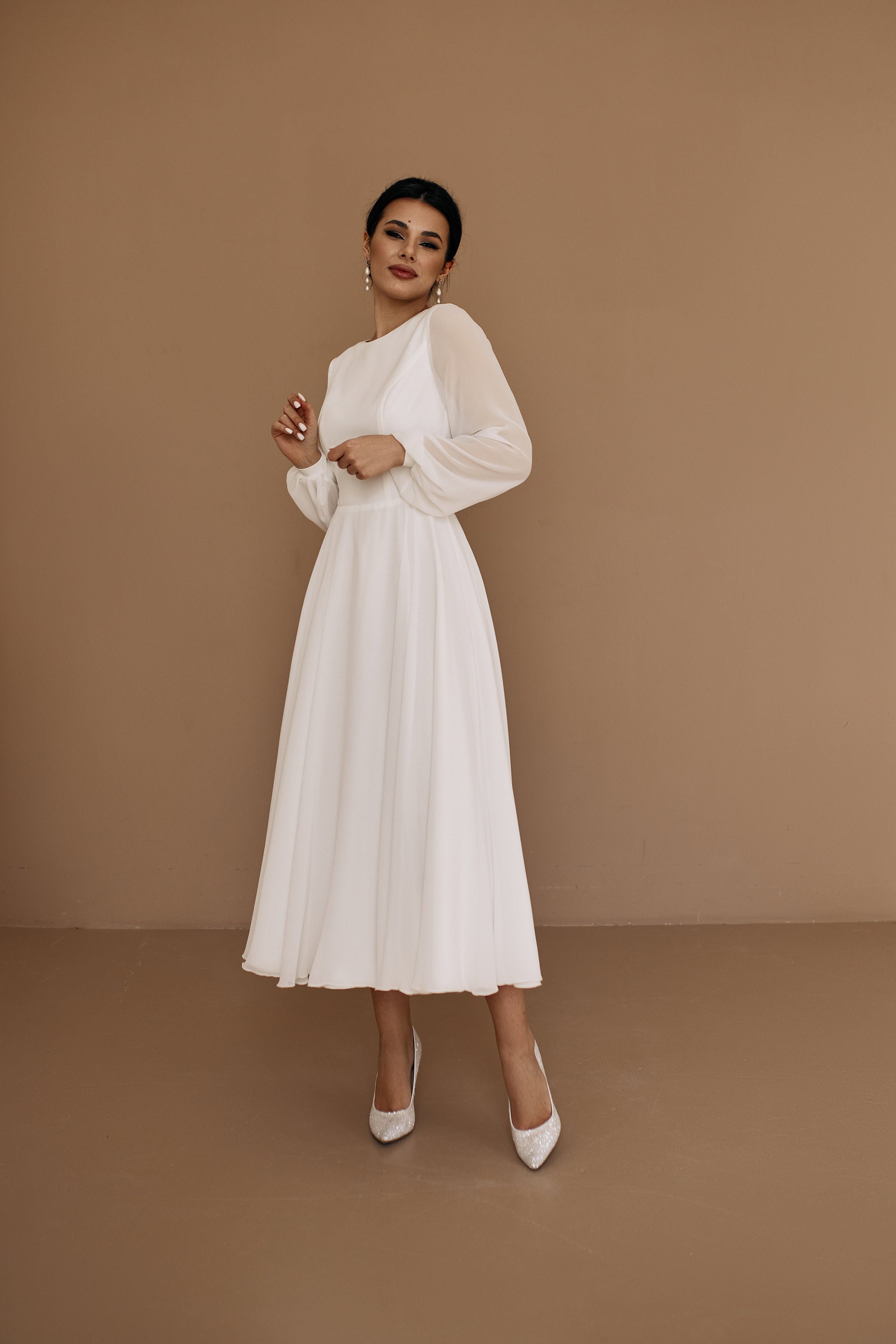 Midi Wedding Dress, Engagement Dress, Second Wedding Dress, Boho Simple ...