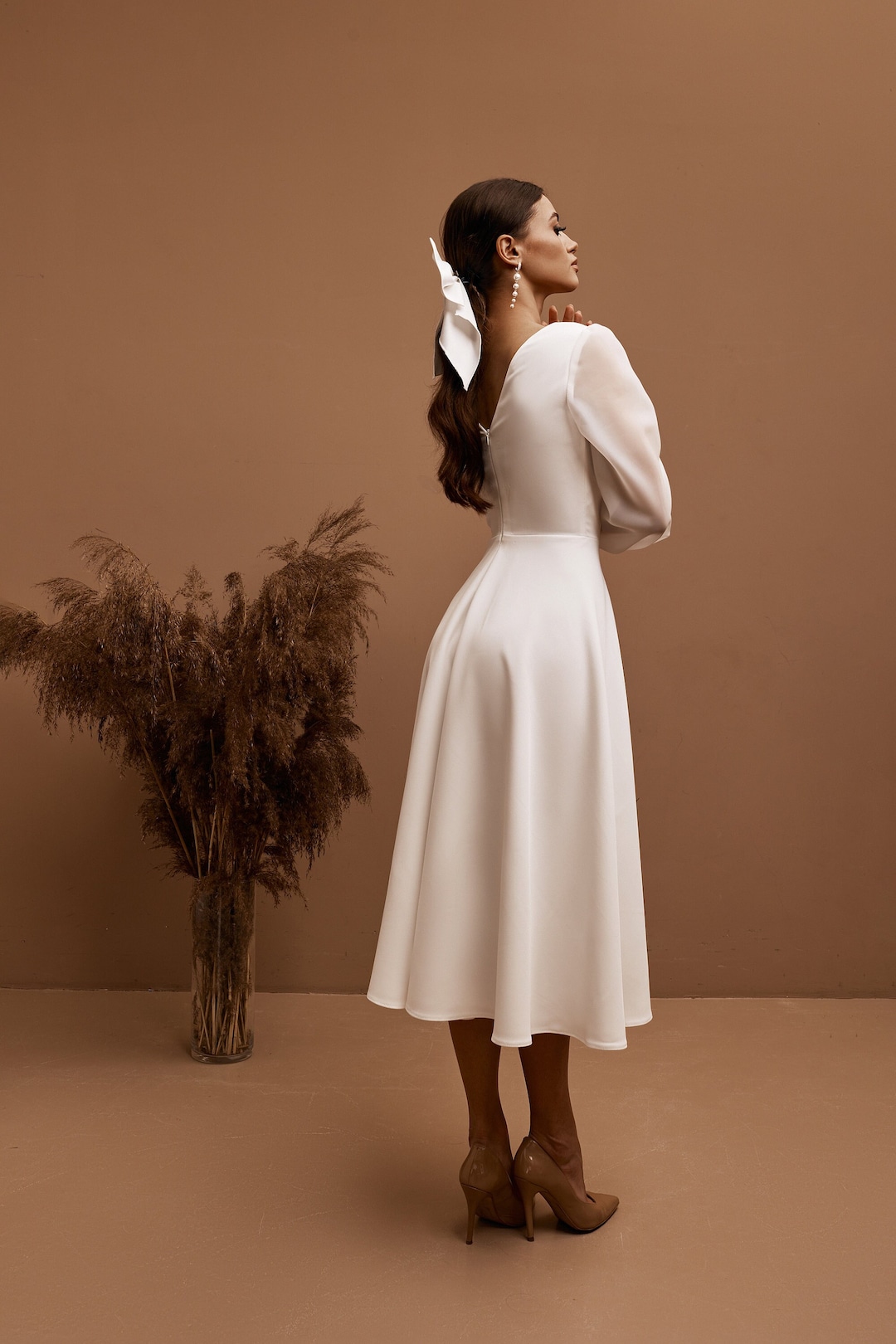 Midi Reception Wedding Dress, Modest Dress, Civil Wedding Dress, Unique ...