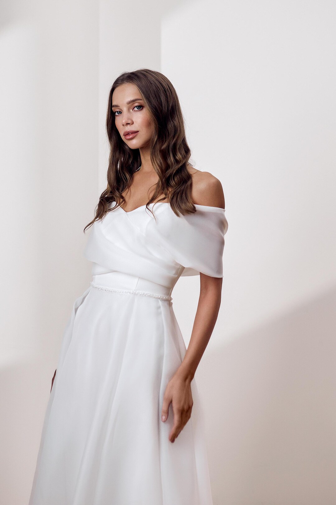 Modest Flowy Wedding Dress, Ball Gown White Silk Wedding Dress, Simple ...