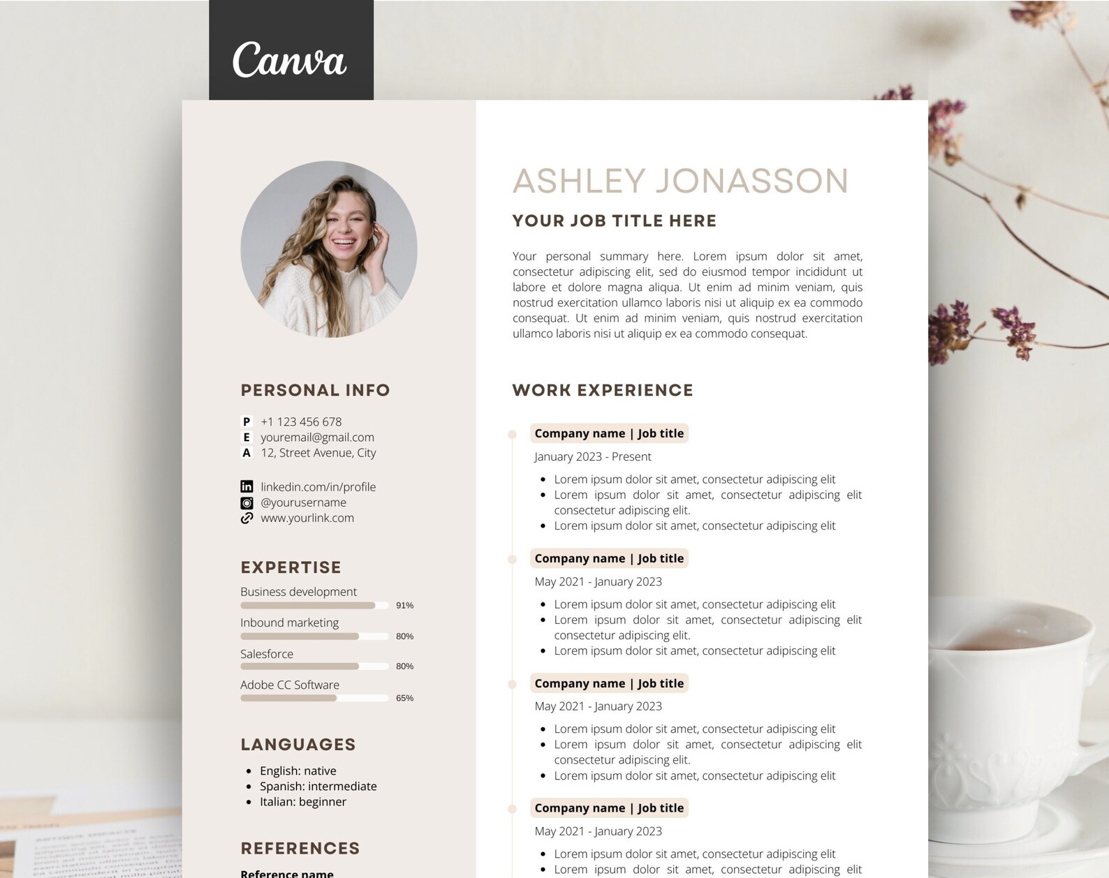 Aesthetic Beige and Pink Resume Template, ATS Friendly and Fully ...