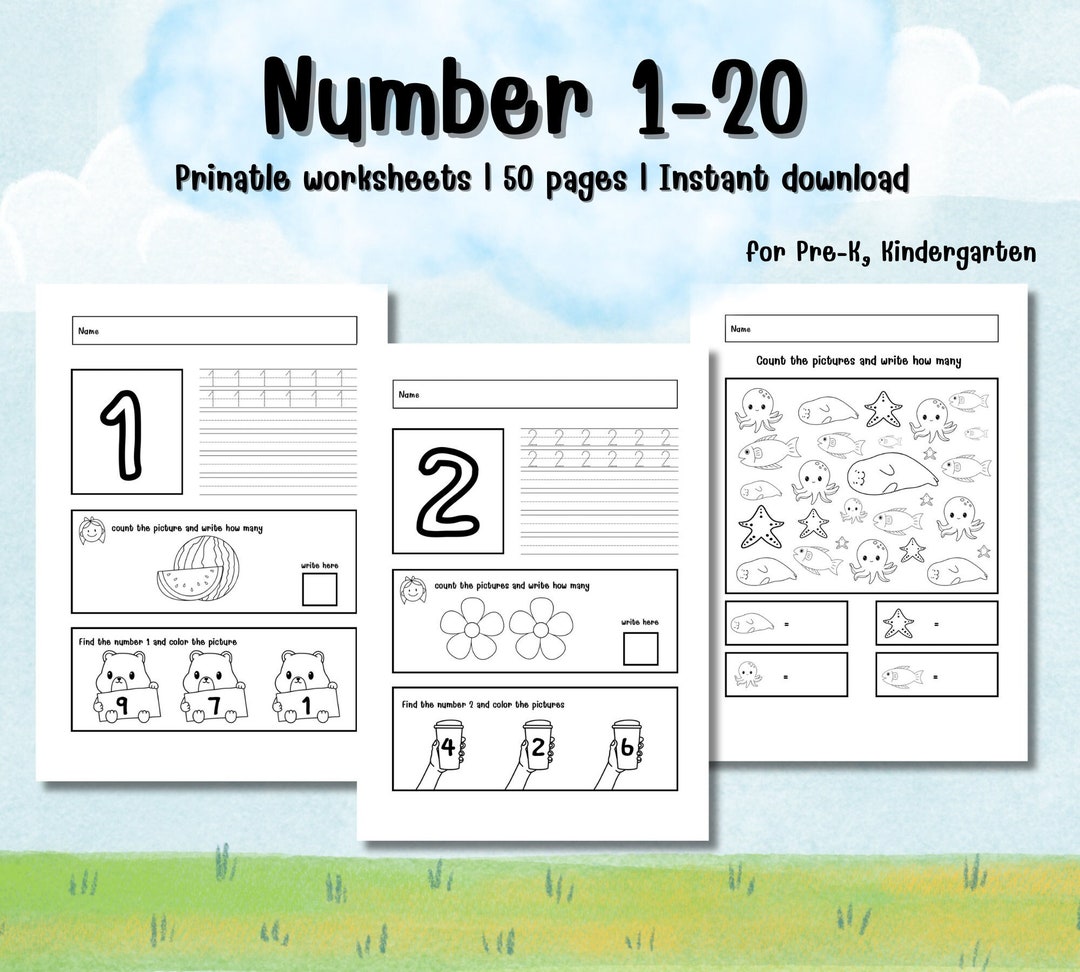 Number 1-20 Worksheets Printable Kindergarten Math Counting Instant ...