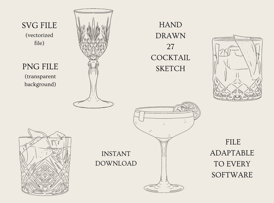 Cocktail Bundle SVG Hand Drawn Cocktail Clipart PNG Custom Cocktail ...