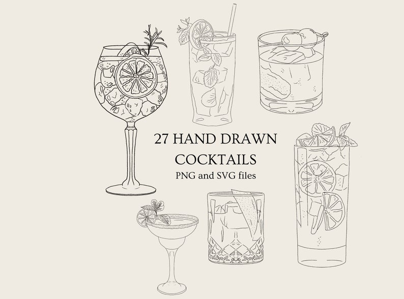 Cocktail Bundle SVG Hand Drawn Cocktail Clipart PNG Custom Cocktail ...
