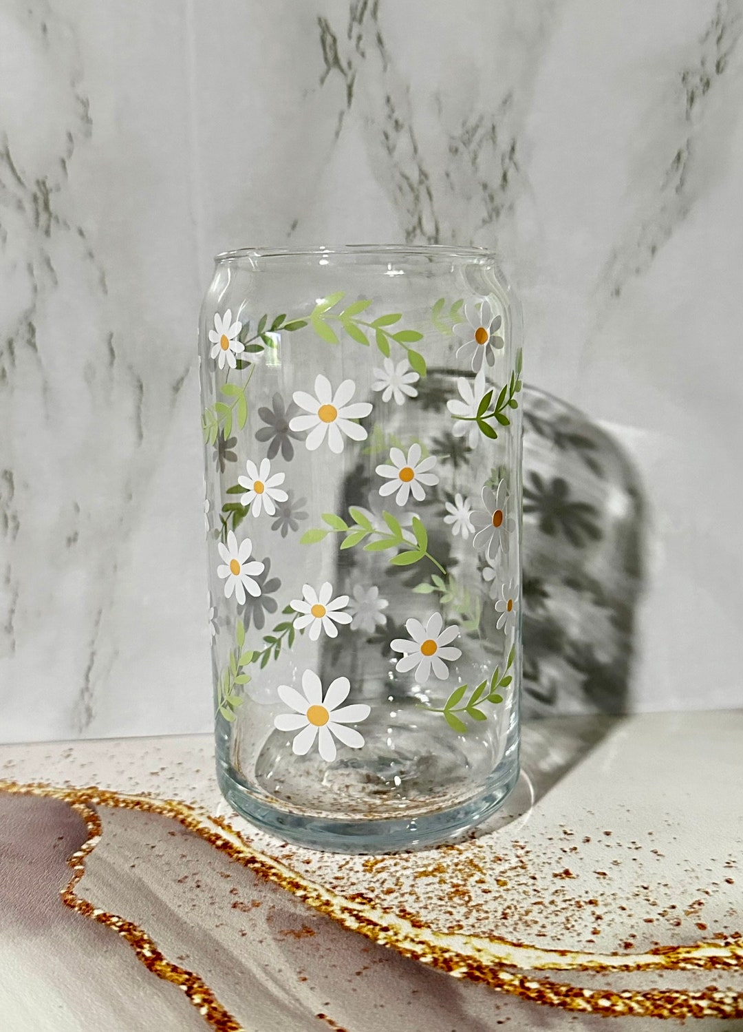 Daisy Glass Tumbler | Floral Glass Can | Iced Coffee Glass Can | 16oz ...