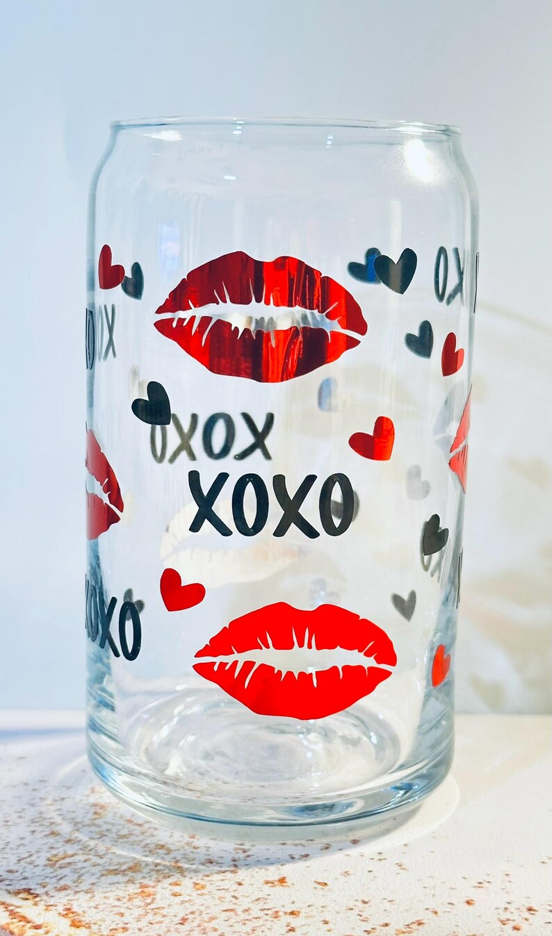 Valentine's Day Iced Coffee Glass: XOXO Hearts Lips Cup - Etsy