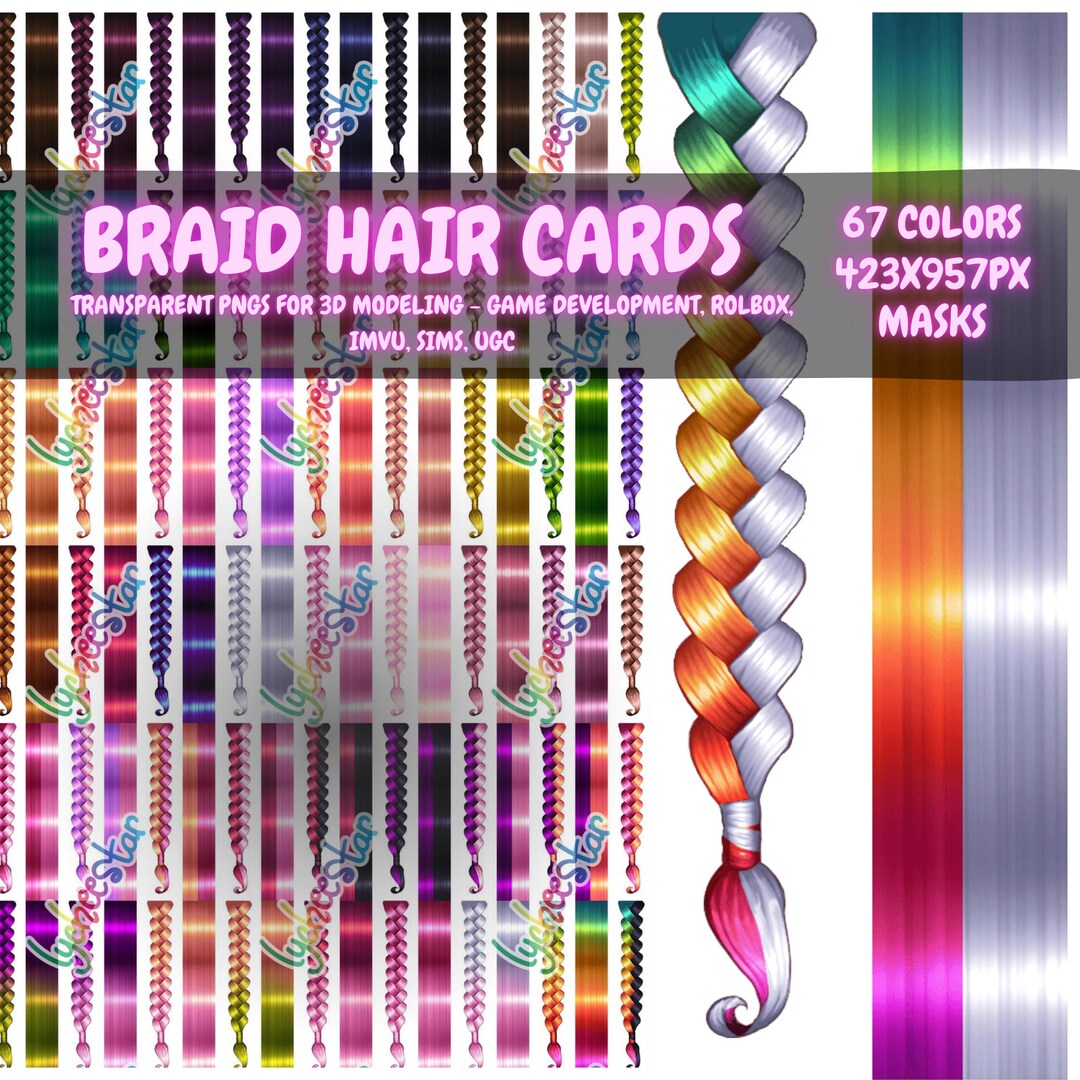 Braid Hair Cards - Hair Textures for 3D Modeling - 67 Colors - Game ...