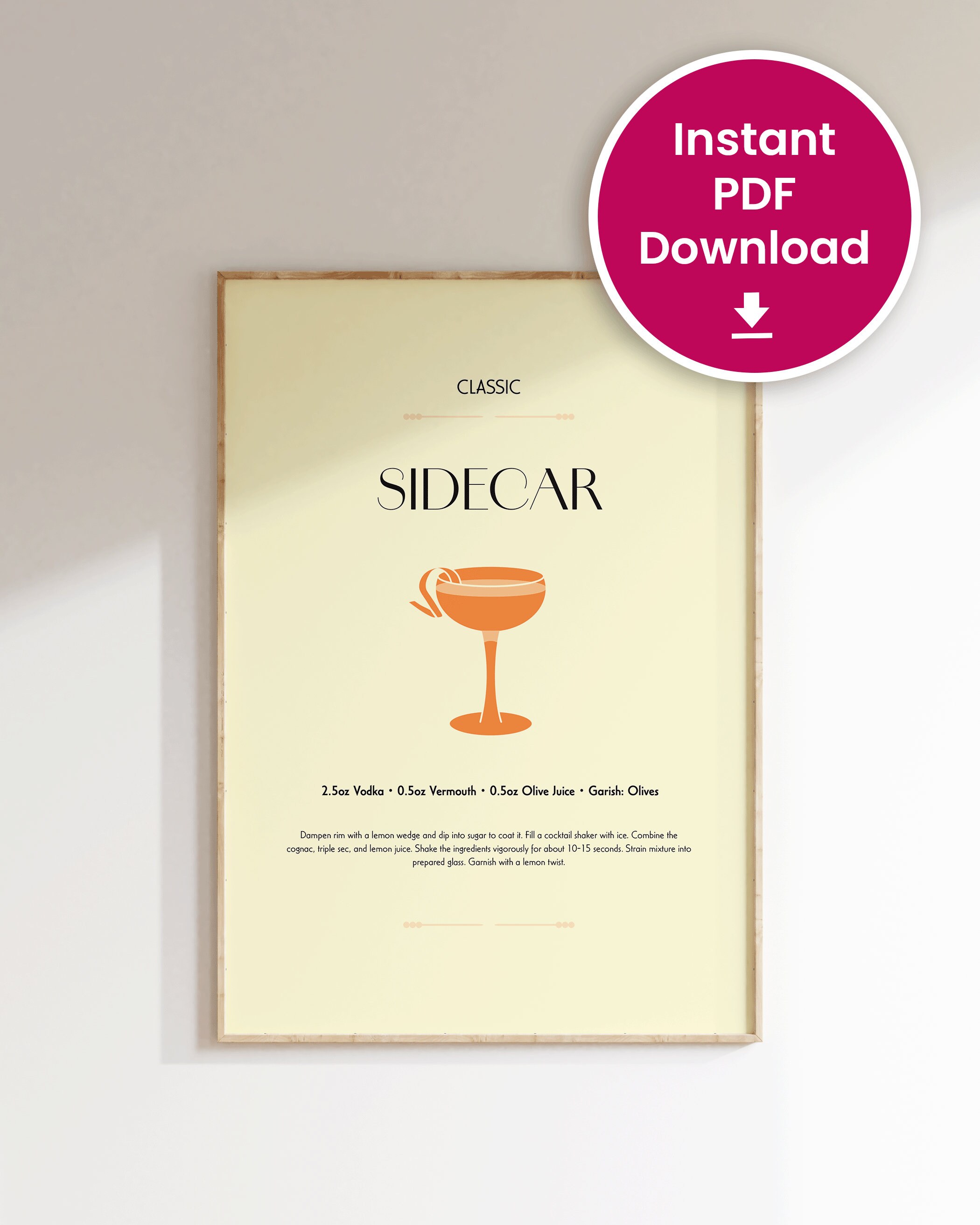 Sidecar Cocktail Recipe Poster Digital PDF Download 11x17 16x20 12x16 ...