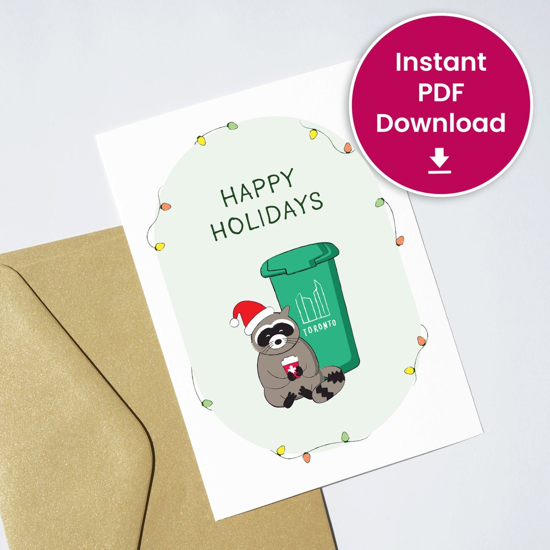 Happy Holidays 5x7 Cute Toronto Racoon Card Instant Download Print at ...