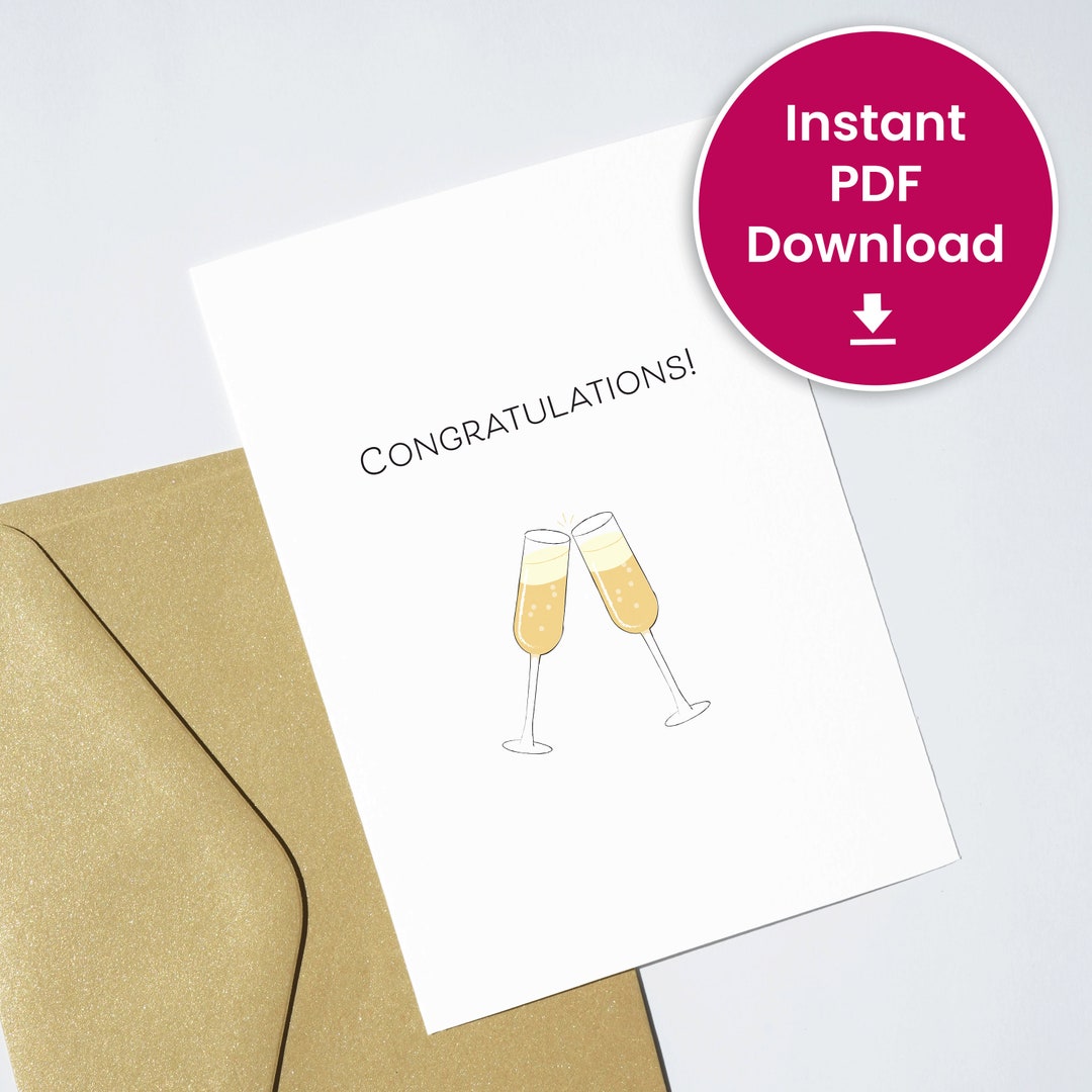 Congratulations Card | Champagne Glasses Cheers | 5x7 PDF | Digital ...