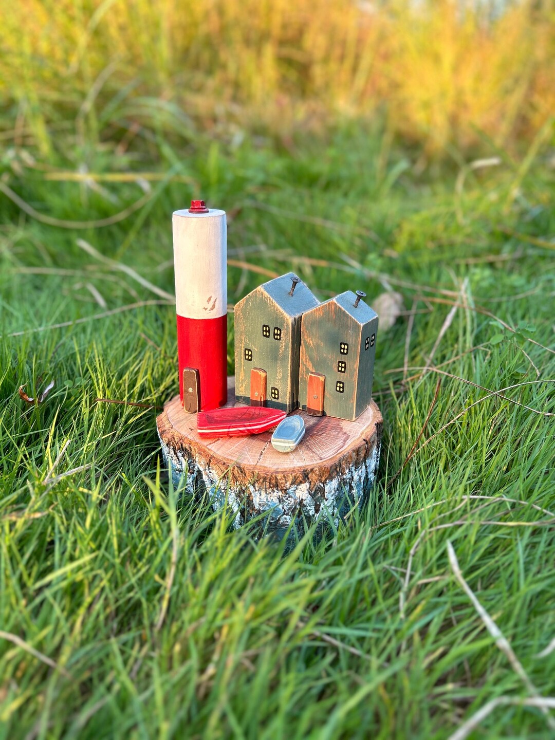Handmade Wooden Lighthouse With Miniature Houses Coastal Home Decor - Etsy