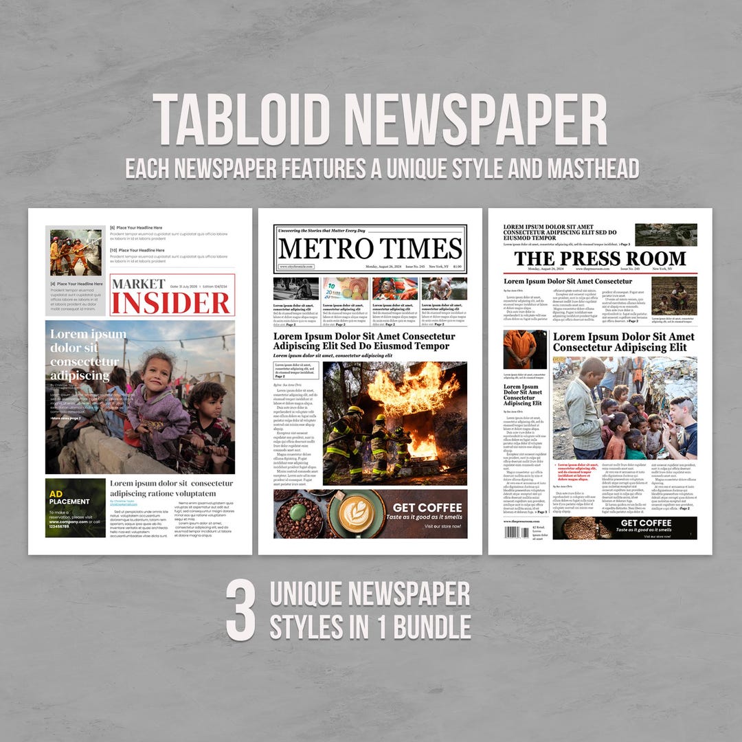 Newspaper Template Bundle | 3 Editable Tabloid Layouts | Canva ...