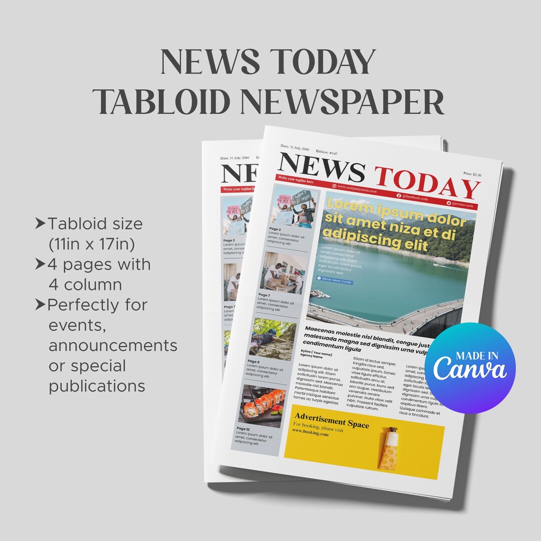 News Today Tabloid Newspaper Template - Editorial, Corporate, Business ...