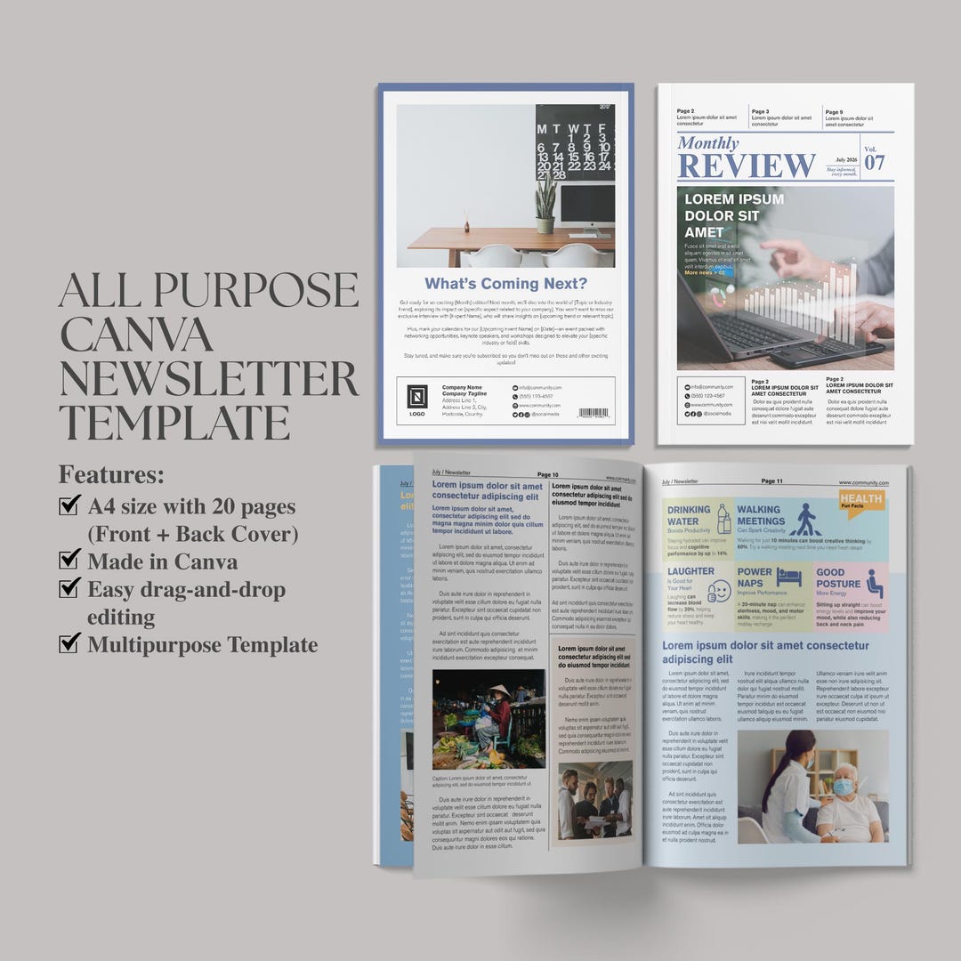 A4 Newsletter Template, 20 Page Business & School Layout (canva) - Etsy