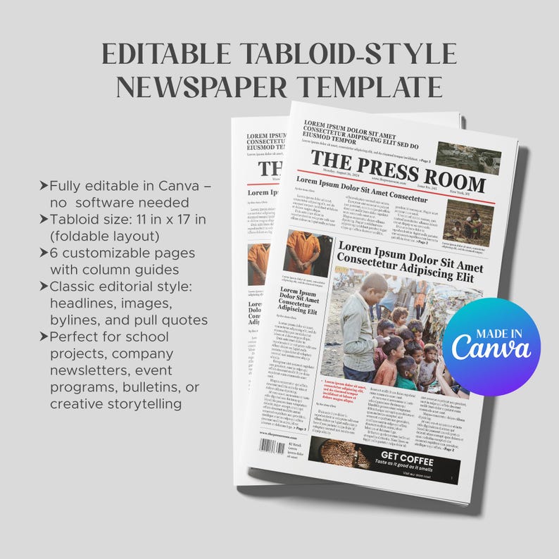 Editable Newspaper Template Canva - Printable 11x17 Tabloid Layout ...