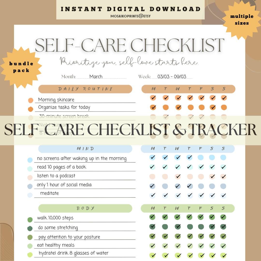 Self-care Checklist, Self-care Planner, Self-care Tracker, Self-care ...