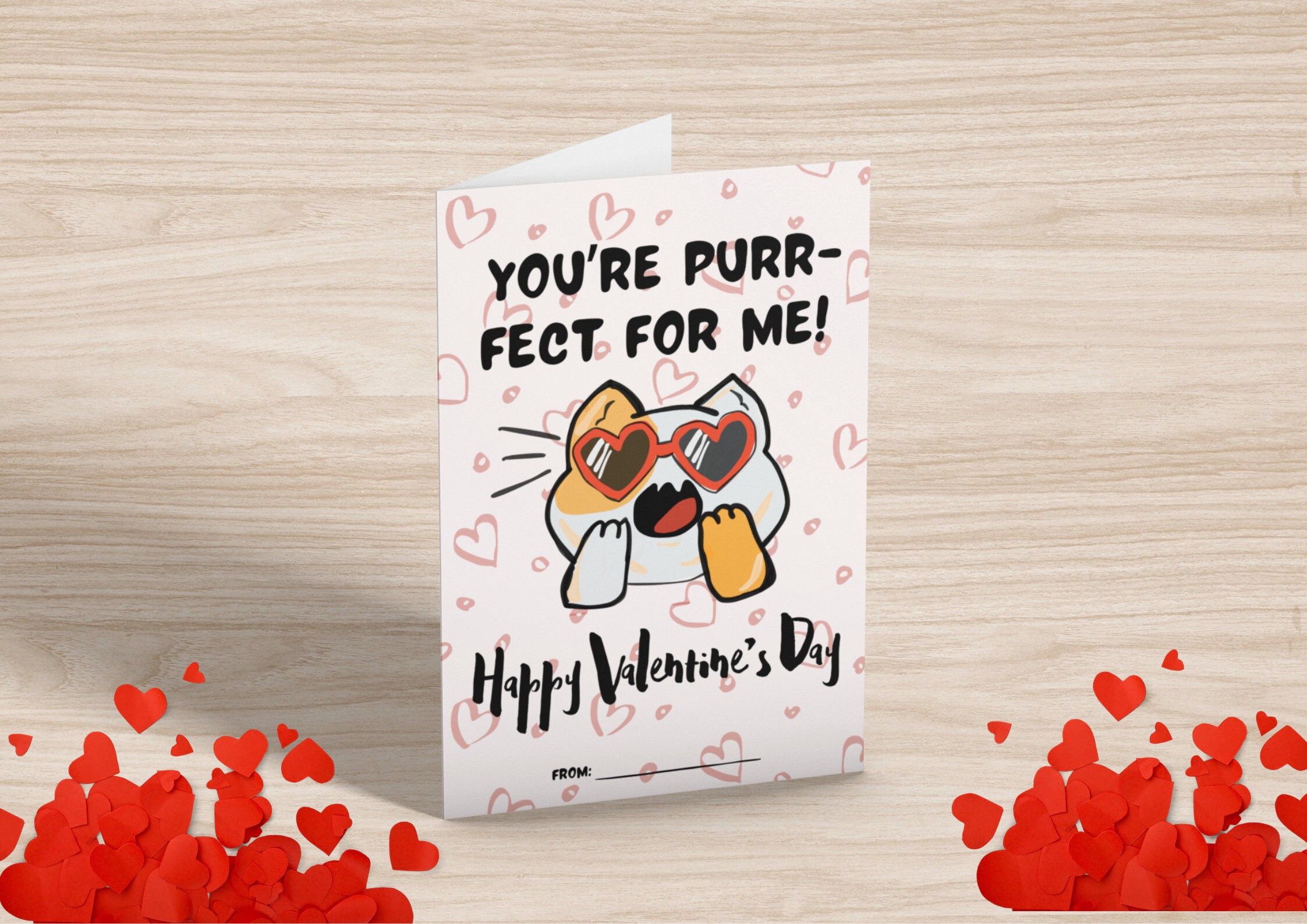 Printable Cat Valentine's Greeting Card, Hand-drawn Card, Valentine's ...