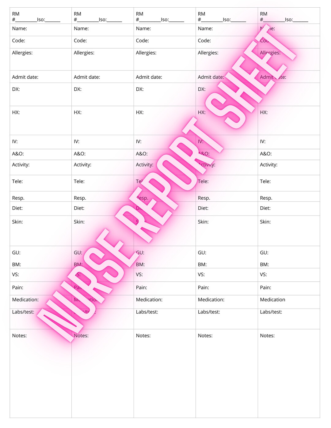 Nurse Report Sheet- 5 Patients - Etsy