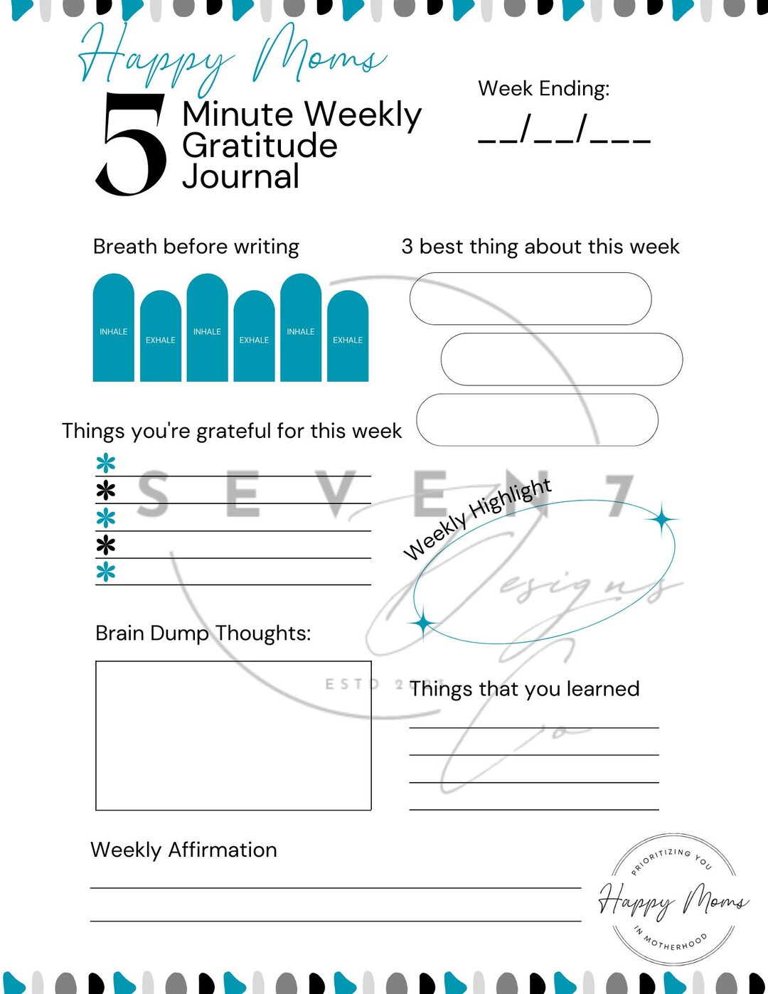 5 Minute Weekly Gratitude Journal / Weekly Reflections / 5 Minute Self ...