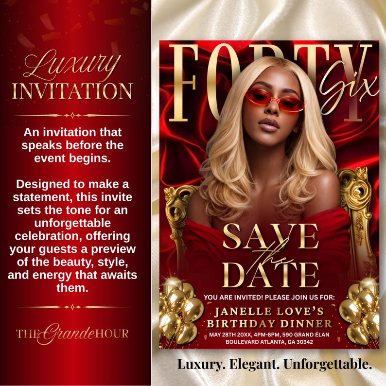 46th Luxury Red and Gold Bday Party Digital Invitation Template ...