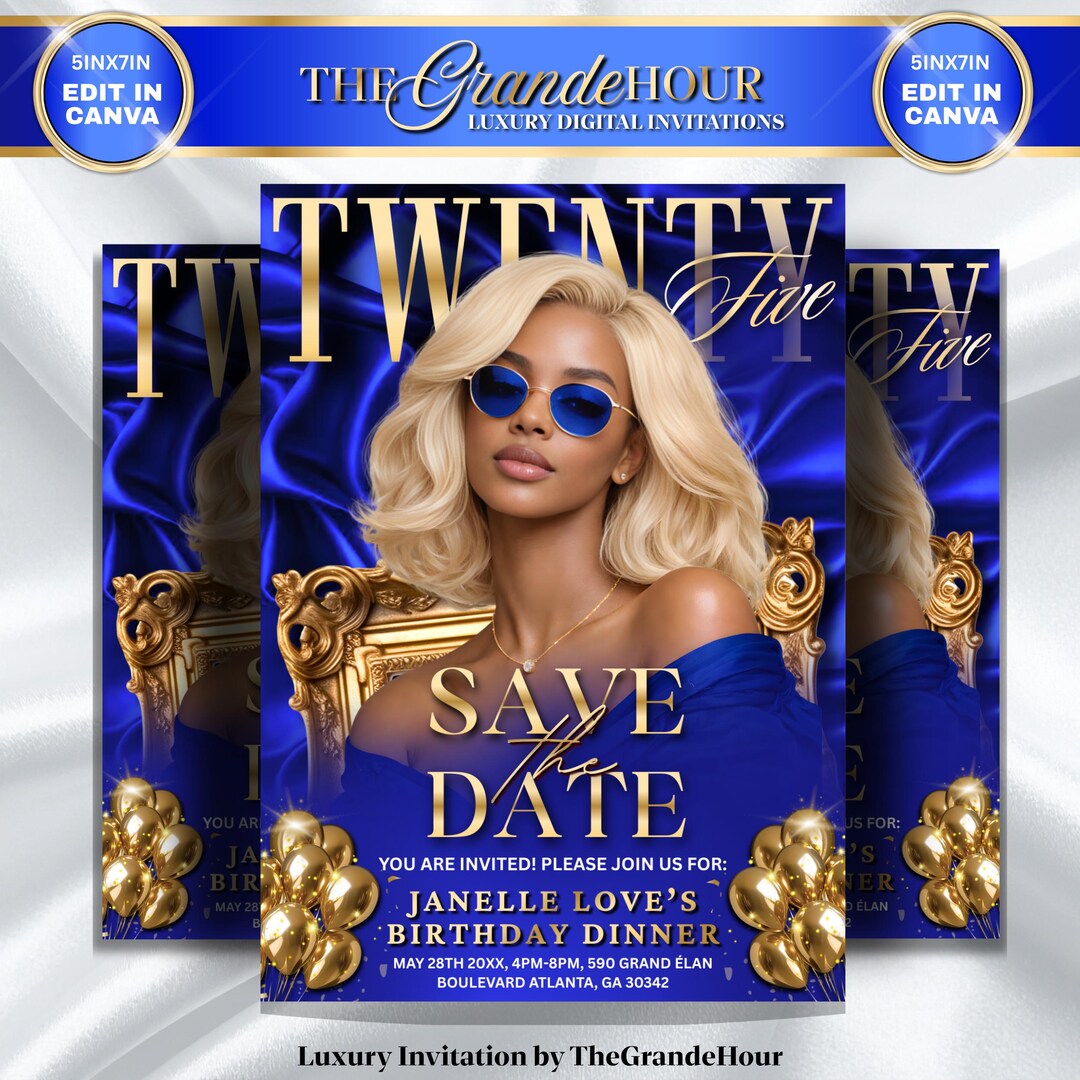 25th Blue and Gold Luxury Bday Digital Invitation Template | Editable ...