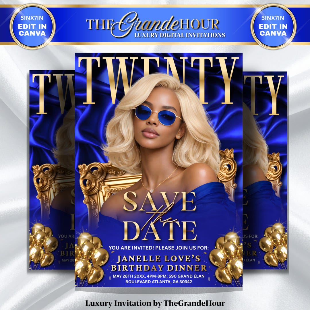 20th Blue and Gold Luxury Bday Digital Invitation Template | Editable ...