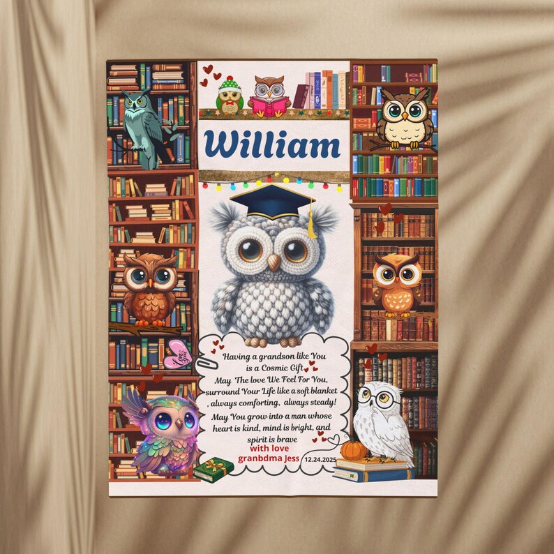 Personalized Library Owl Blanket Baby Grandson Birthday Gift | Newborn ...