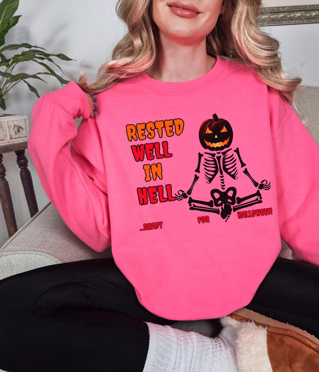 Rested Well in Hell Funny Meditating Skeleton Halloween Sweatshirt ...
