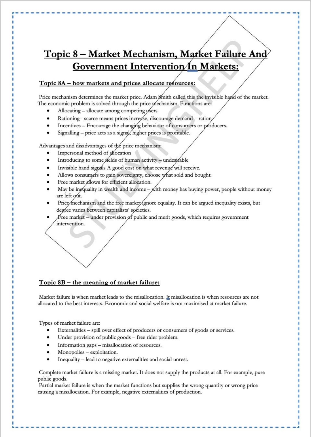 Revision Study Notes for A-level AQA Economic Notes Topic 8 – Market ...