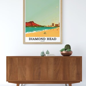 Diamond Head Travel Poster - Waikiki Beach and Honolulu Skyline Art ...