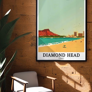 Diamond Head Travel Poster - Waikiki Beach and Honolulu Skyline Art ...