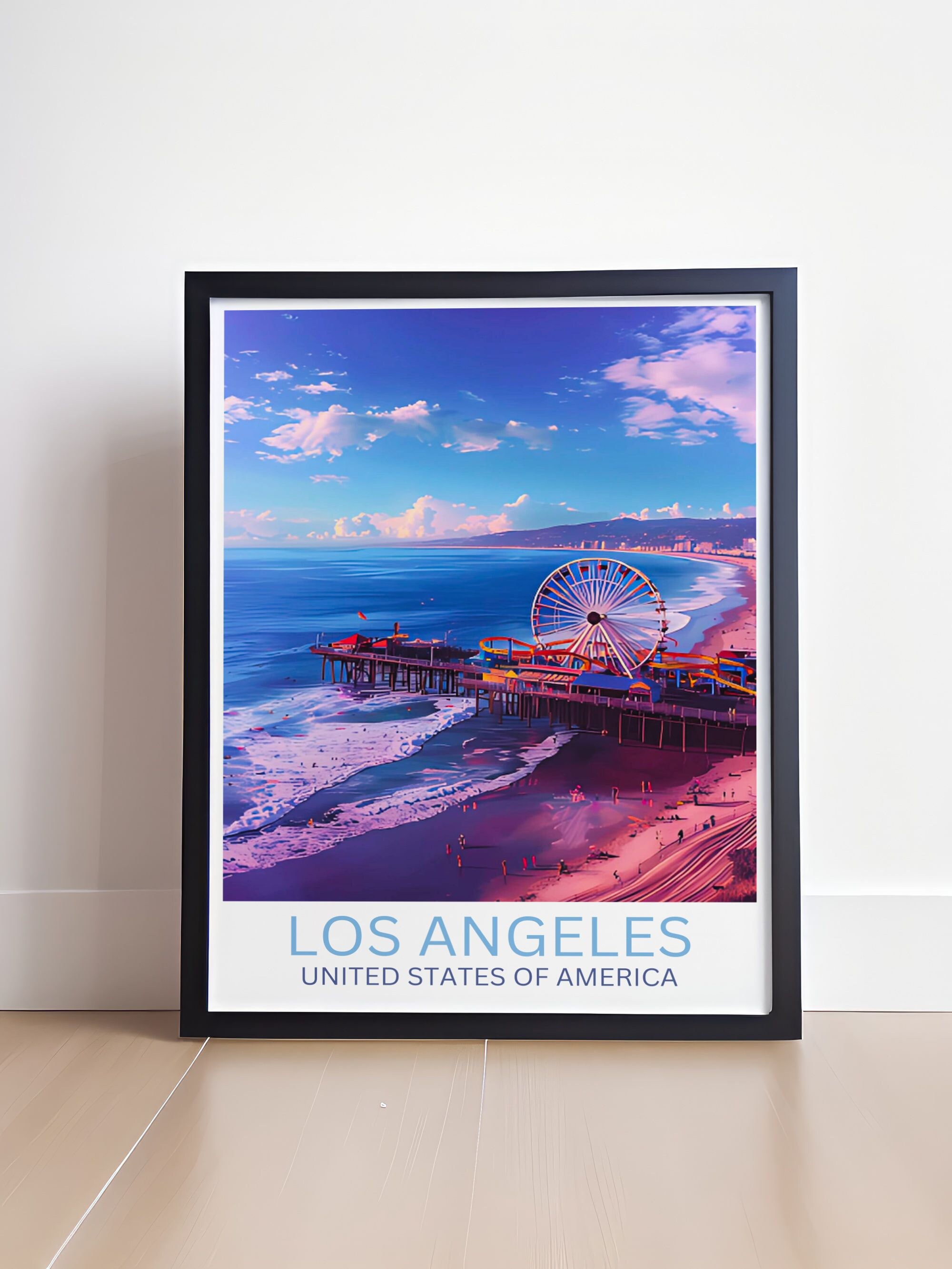 Los Angeles Travel Map Poster Santa Monica Pier Art Print capture the ...