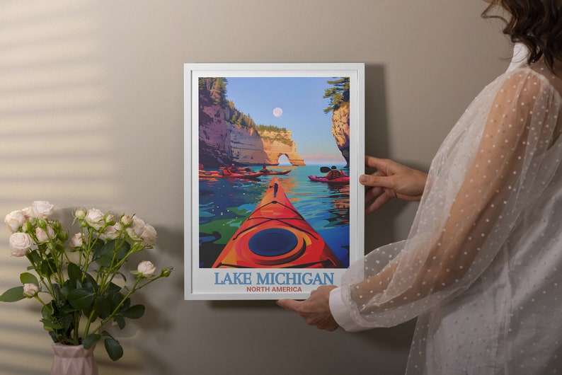 Lake Michigan Travel Poster pictured Rocks National Lakeshore Art ...